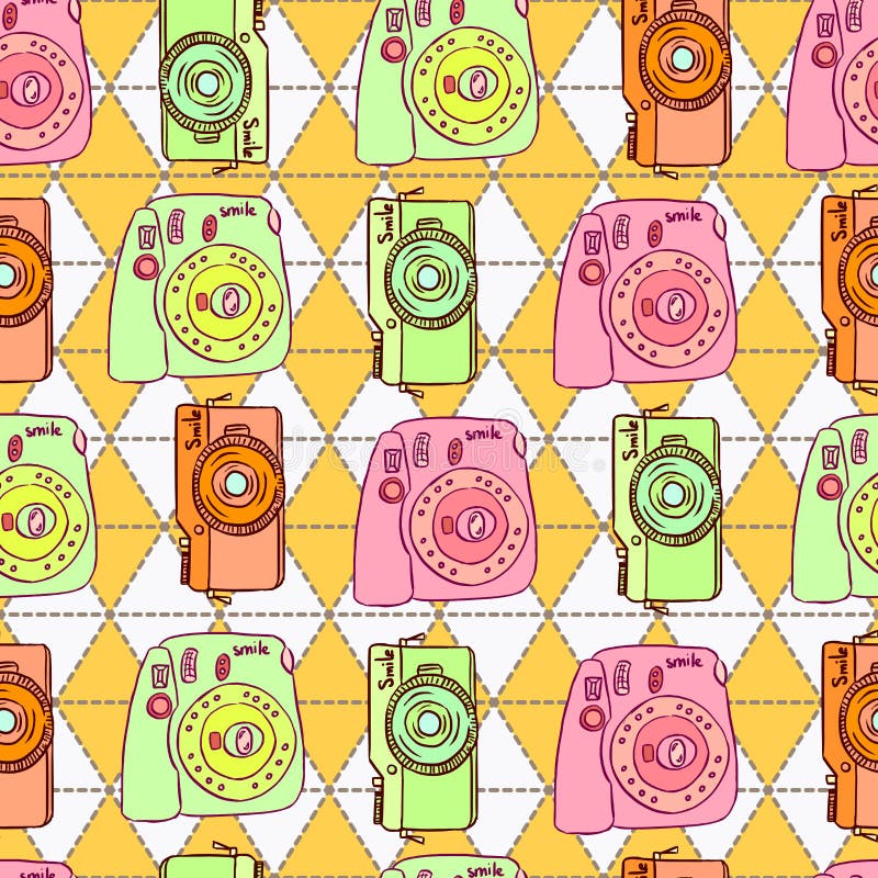 Cute and Funny Vintage Hand Drawn Photo Cameras Seamless Pattern Vector ...
