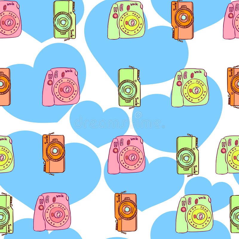 Cute and Funny Vintage Hand Drawn Photo Cameras Seamless Pattern Vector ...