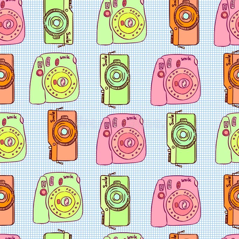 Cute and Funny Vintage Hand Drawn Photo Cameras Seamless Pattern Vector ...