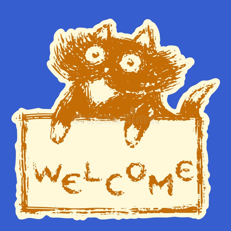 Cute Fur Friendly Cat with Welcome. Vector Illustration. Stock Photo ...
