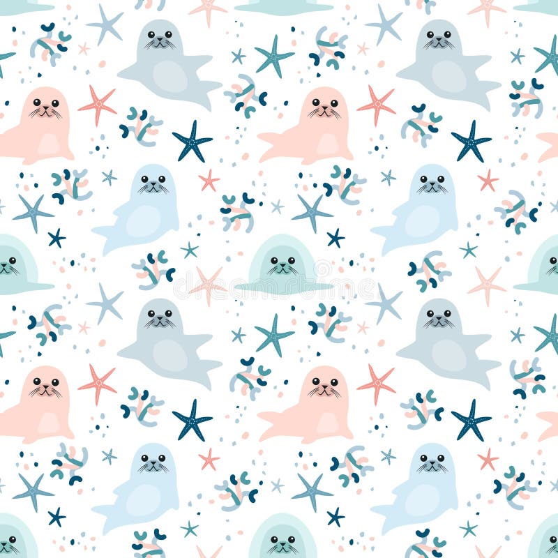Cute Fur Seals Seamless Pattern. Vector Illustration in Cartoon Style ...