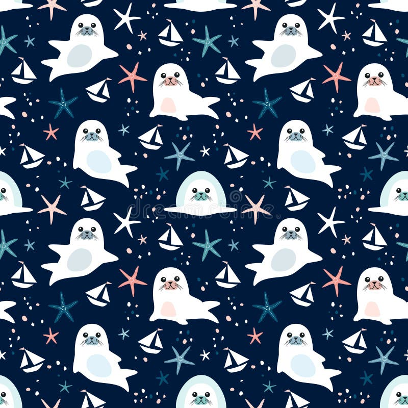 Cute Fur Seals Seamless Pattern. Vector Illustration in Cartoon Style ...