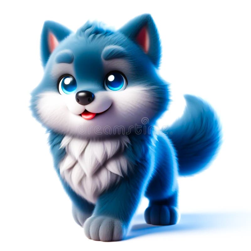 Cute Furry Blue Wolf 3D Character on White Background Stock ...