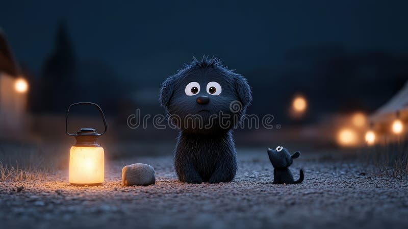 Cute Furry Character Sitting by a Lantern at Night Whimsical Atmosphere ...