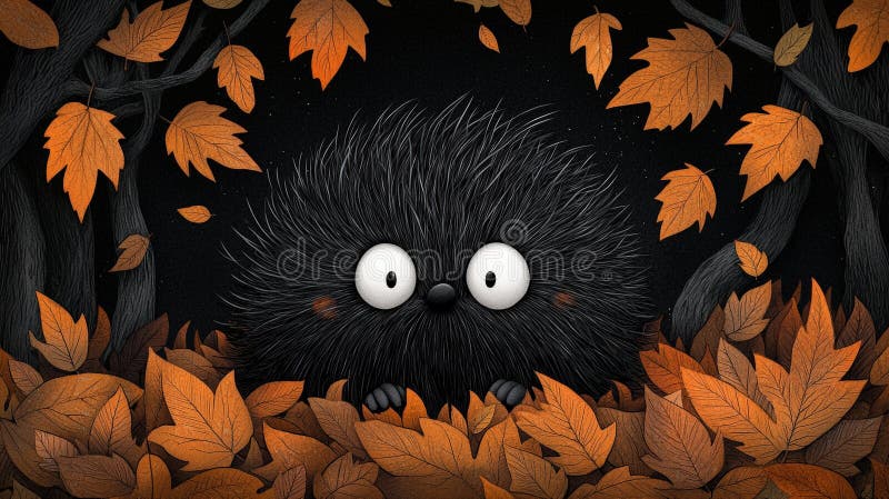 Cute Furry Creature Hiding among Autumn Leaves Dark Background Stock ...