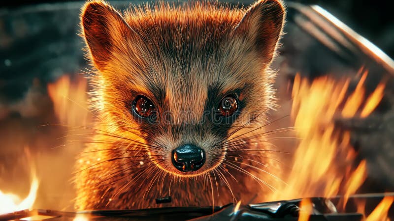 Furry Animal Standing Near Dancing Flames, Illuminating Dramatic ...