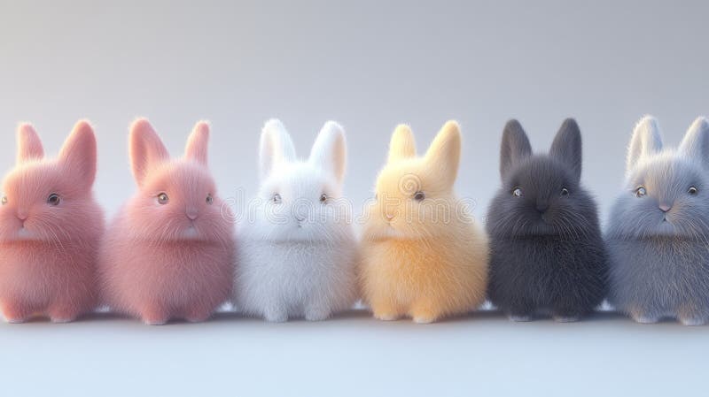 Cute Furry Rabbits in a Variety of Colors Lined Up on a Smooth Surface ...