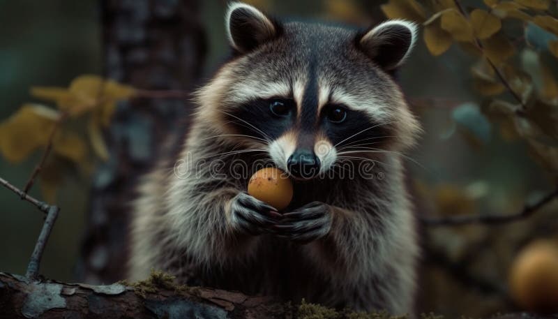 Cute Furry Raccoon Eating on Tree Branch Generated by AI Stock ...