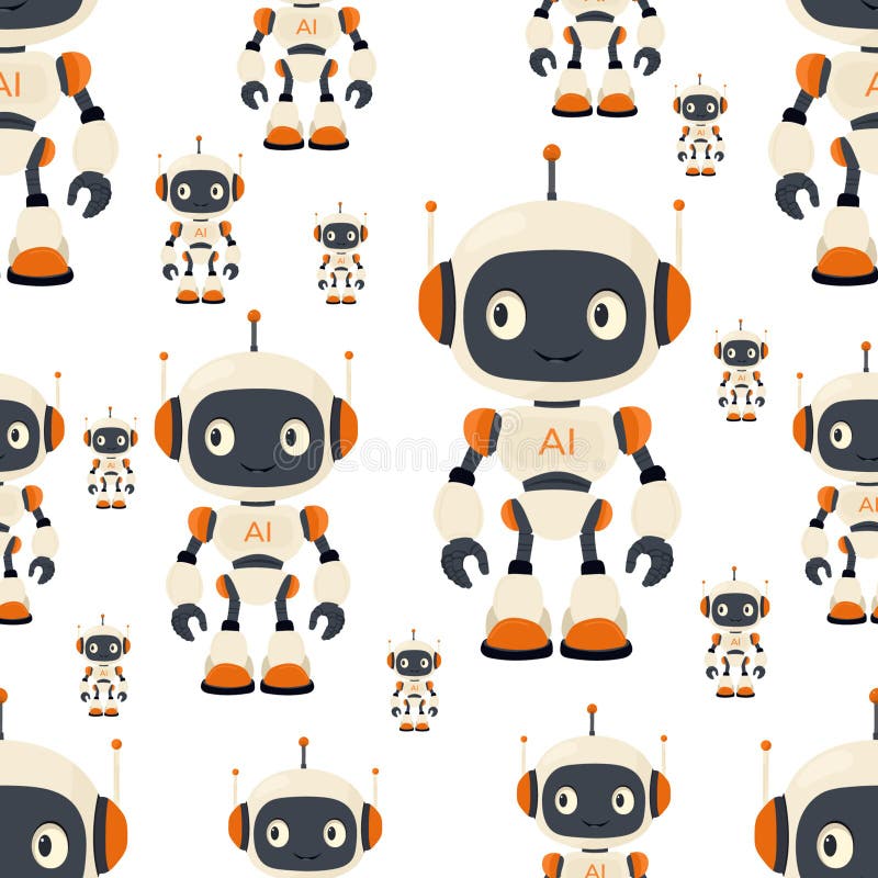 Cute Futuristic AI Robot Pattern on White Isolated Background. Stock ...