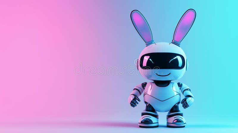 Cute Futuristic 3D Robot with Glowing Bunny Ears on a Vibrant Pink and ...