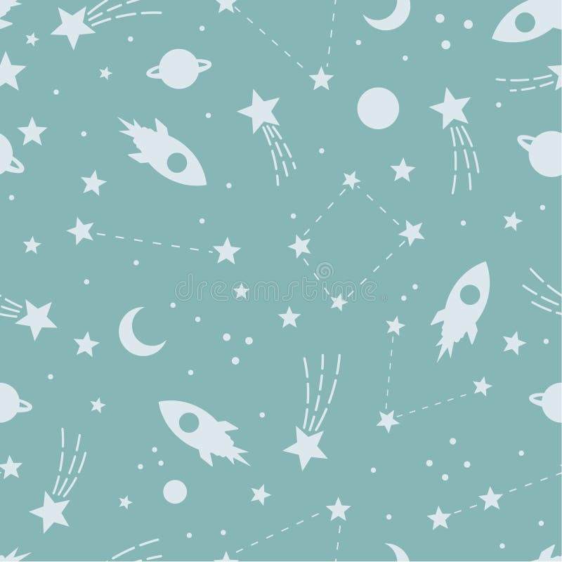 Cute Galaxy Pattern with Rockets and Stars, Seamless Repeating Vector ...