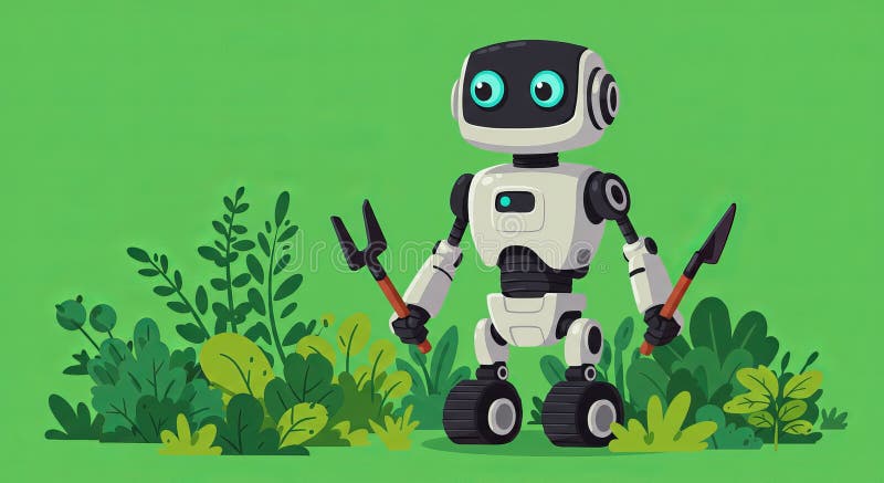 Cute Garden Robot with Tools in Lush Greenery Background Stock Image ...