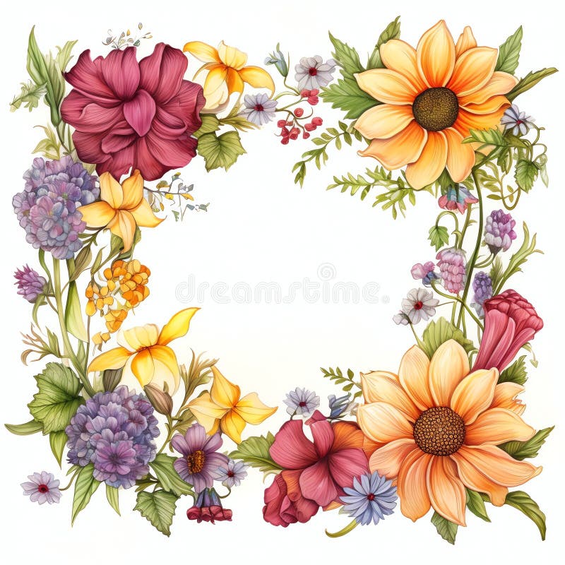 Cute Garden Whimsy Floral Frame Watercolor Stock Illustration ...