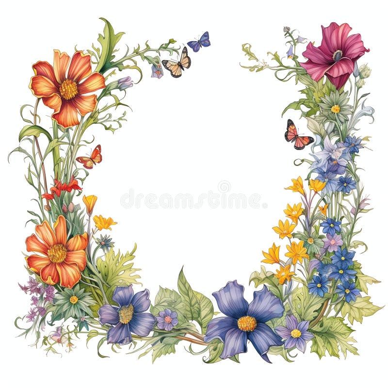 Cute Garden Whimsy Floral Frame Watercolor Stock Illustration ...