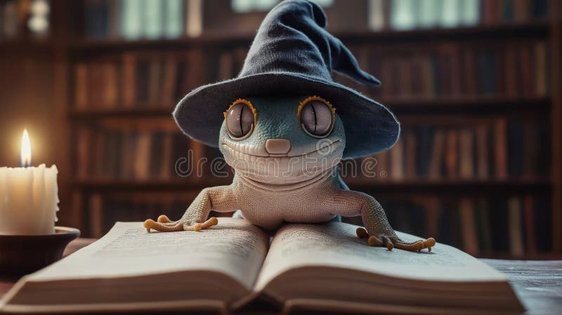 Cute Gecko Wears Wizard Hat on Old Spellbook. Creature Studies Magic ...
