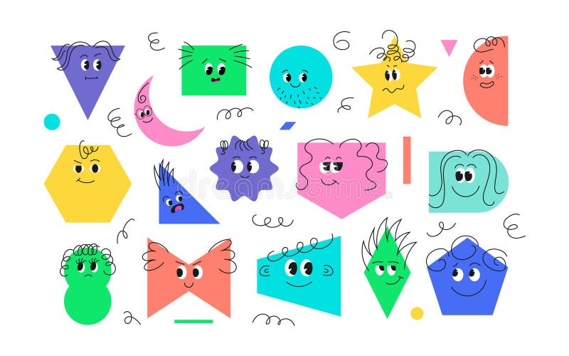 Cute Geometric Shapes with Face Emotions. Funny Colorful Basic Figure ...