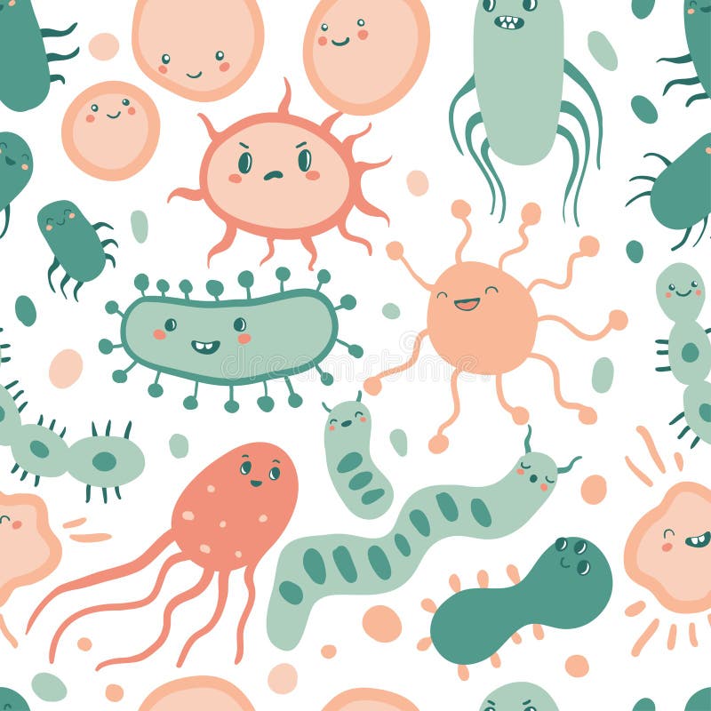 Cute Germ Characters Seamless Pattern Stock Vector - Illustration of ...