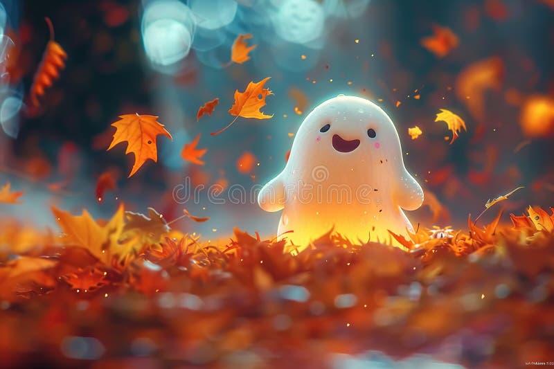Cute Ghost in Autumn Leaves Stock Illustration - Illustration of leaves ...