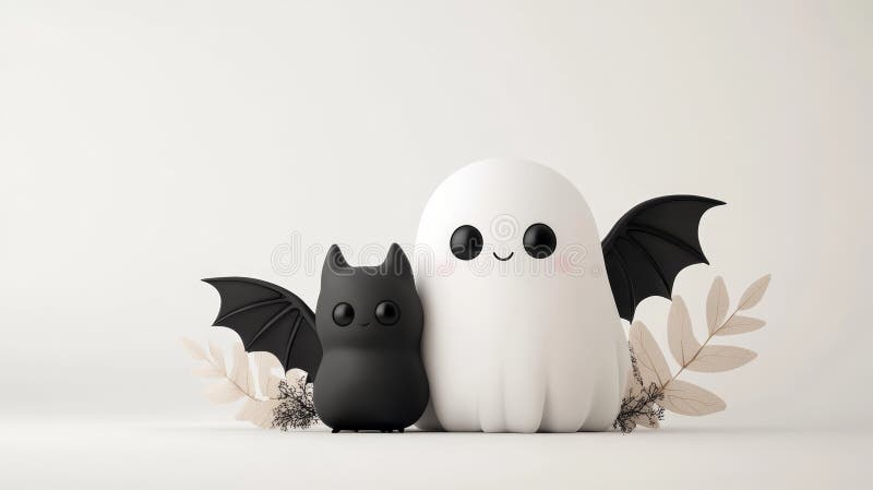 Cute Ghost and Bat Figurines Surrounded by Soft Foliage, Perfect for ...