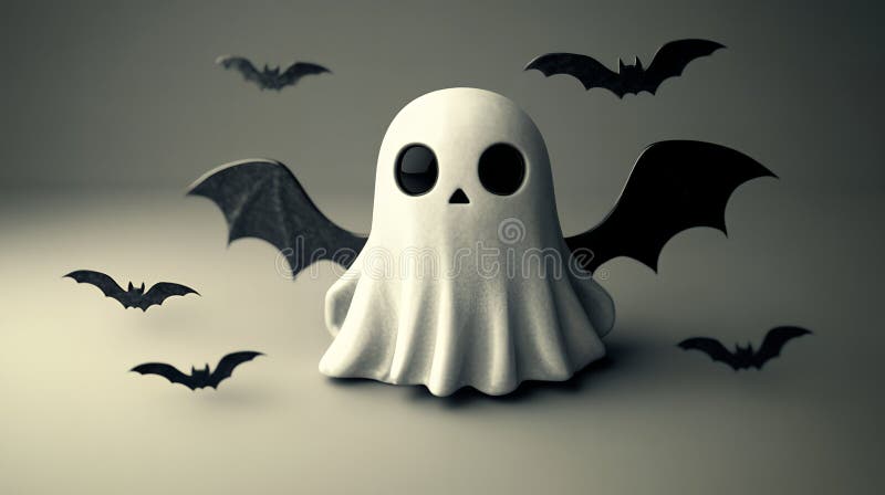 Cute Ghost with Bat Wings and Bats Flying Around Stock Illustration ...