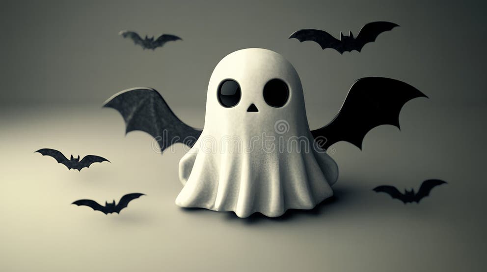 Cute Ghost with Bat Wings and Bats Flying Around Stock Illustration ...