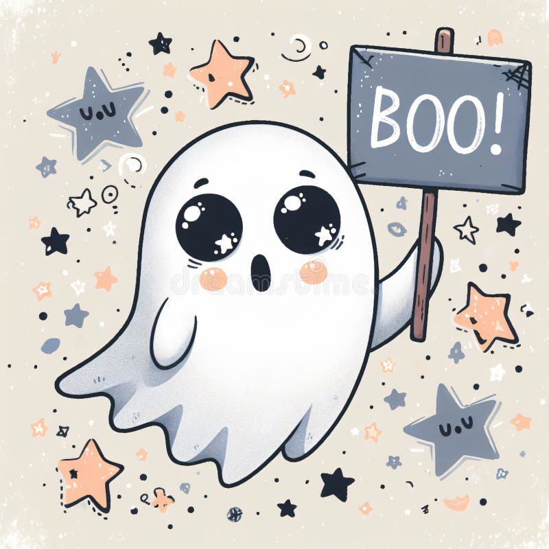 A Cute Ghost with a Boo Sign. Stock Illustration - Illustration of ...