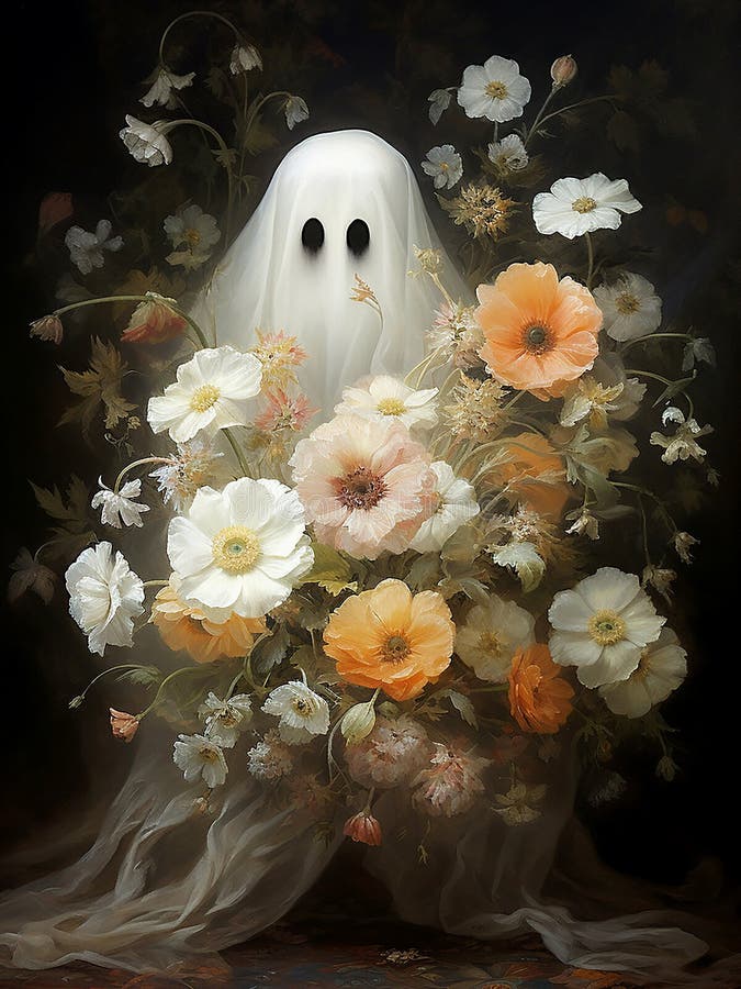 Cute Ghost with a Bouquet Flowers in Her Hands Stock Illustration ...