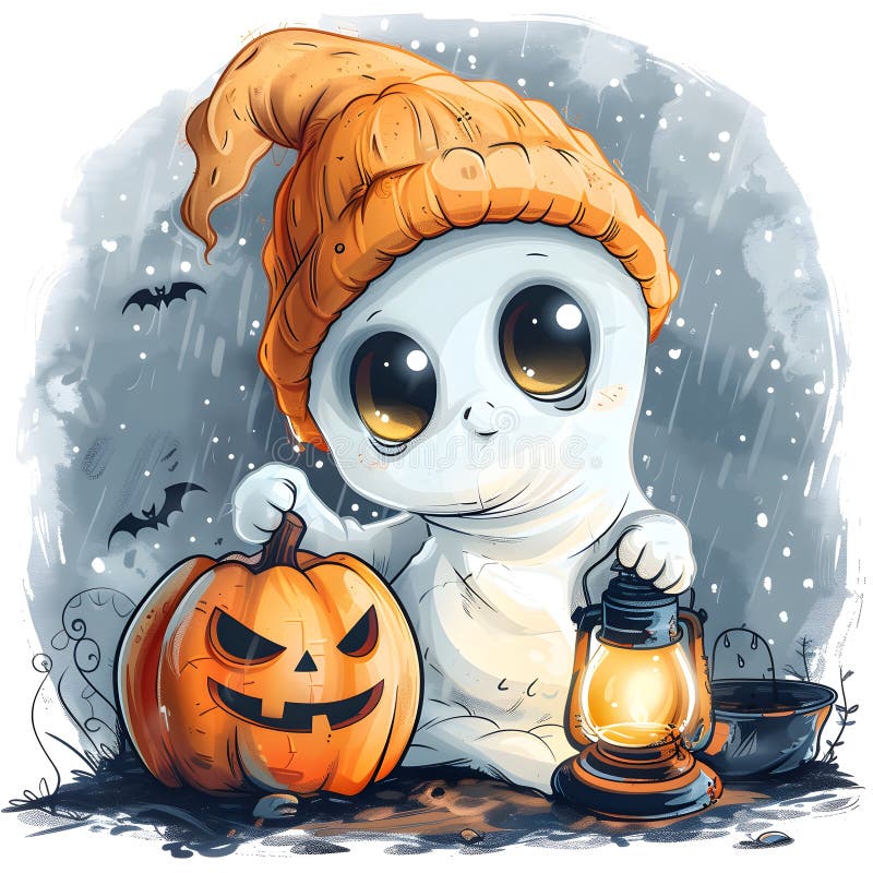 Cute Ghost Carrying a Halloween Pumpkin and Flashlight, Perfect for ...
