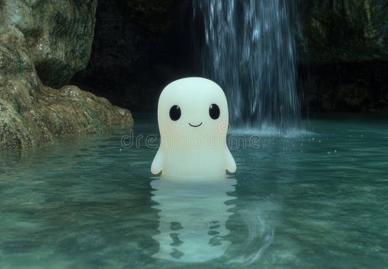 Cute Ghost Character in a Serene Waterfall Scene Stock Illustration ...