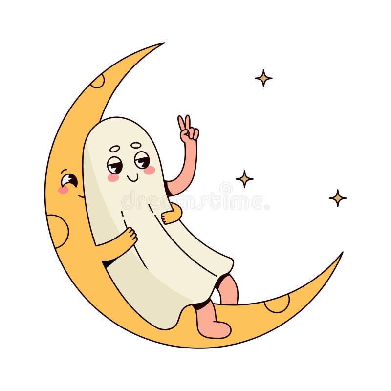 Cute Ghost Chilling on the Moon. Vector Illustration in Retro Cartoon ...