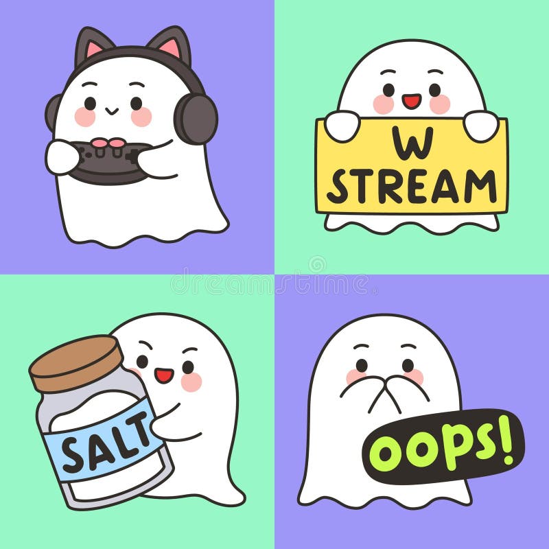 Cute Ghost Emotes Set with Cat Headset Gamer, W Stream Sign, Salt ...