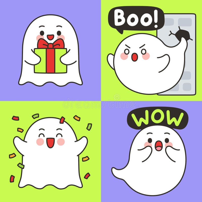 Cute Ghost Emotes Set with Gift Box, Boo Scare, Celebration Confetti ...