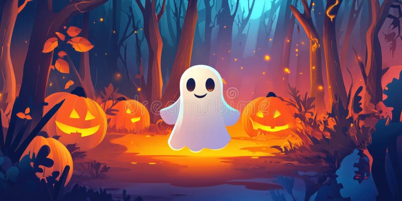 Cute Ghost in Enchanted Forest with Glowing Pumpkins during Halloween ...