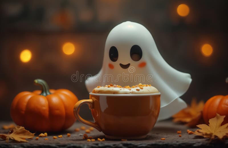 A Cute Ghost Enjoys a Cup of Latte in the Kitchen Interior, Halloween ...