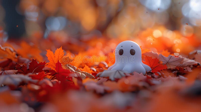 Cute Ghost in Fall Leaves stock illustration. Illustration of halloween ...