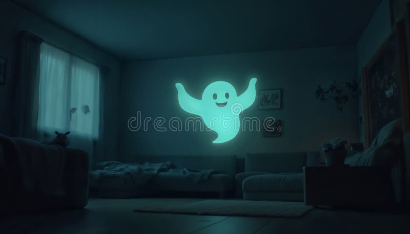 Cute Ghost Flies in the Living Room at Night, Halloween Theme Stock ...