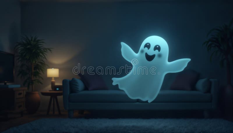 Cute Ghost Flies in the Living Room at Night, Halloween Theme Stock ...