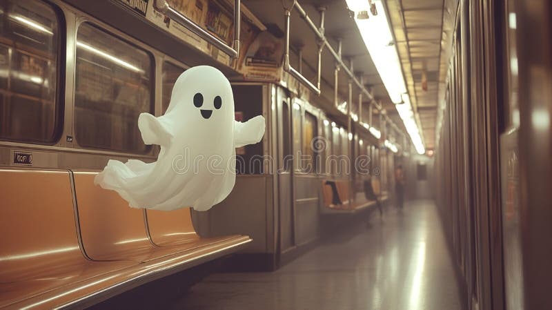 A Cute Ghost Floating Inside an Empty Subway Train with Dim Lighting ...