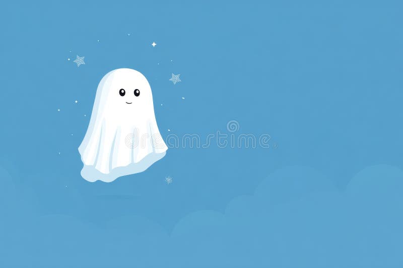 Cute Ghost Floating in Sky with Stars in Dreamy Blue Background. Stock ...