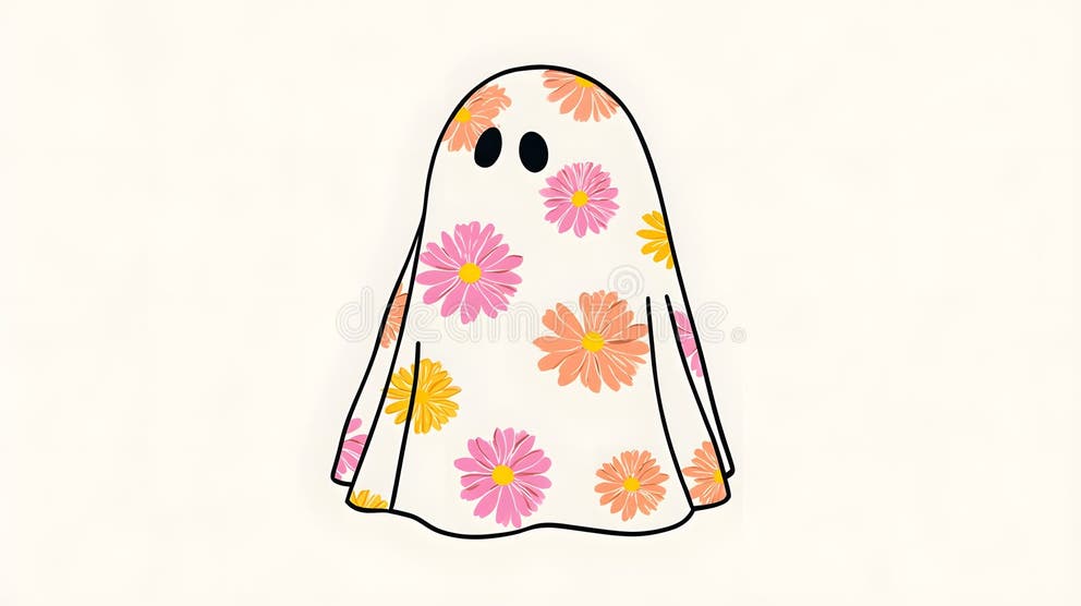 Cute Ghost with a Flower Pattern Textile on a Light Pink Background ...