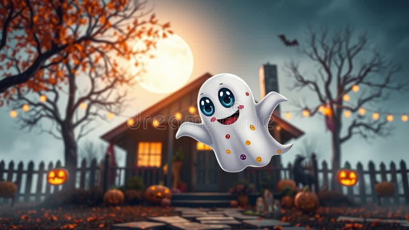 Cute Ghost Flying in Front of a House Stock Illustration - Illustration ...