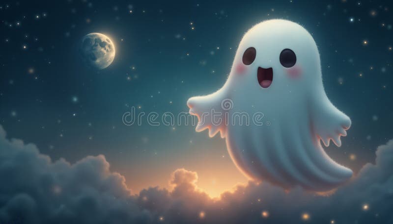 Cute Ghost Flying Over Clouds in the Night Sky, Darkness and Moonlight ...