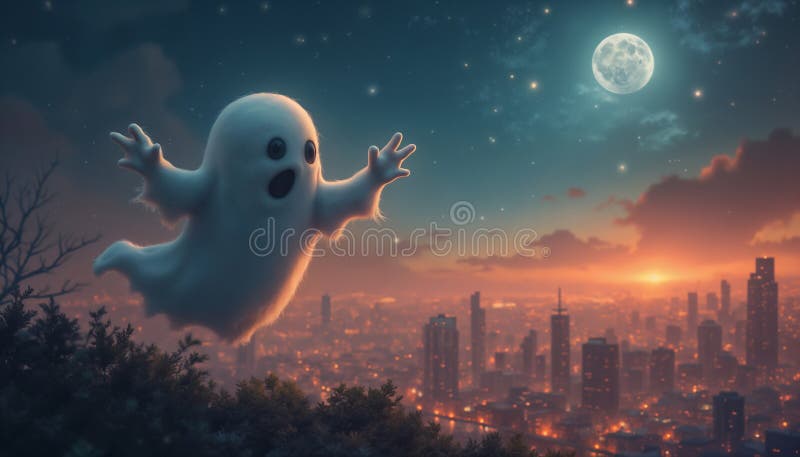 Cute Ghost Flying Over Night City, Darkness and Moonlight, Halloween ...