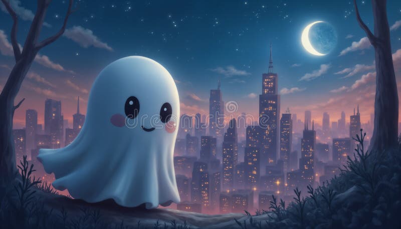 Cute Ghost Flying Over Night City, Darkness and Moonlight, Halloween ...