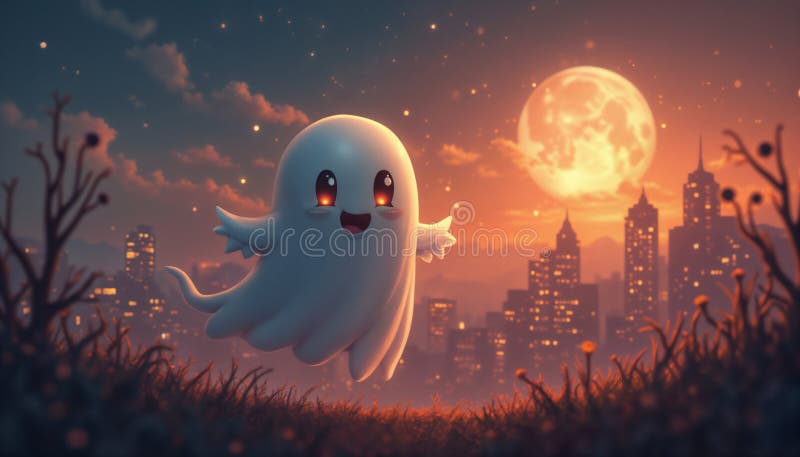 Cute Ghost Flying Over Night City, Darkness and Moonlight, Halloween ...