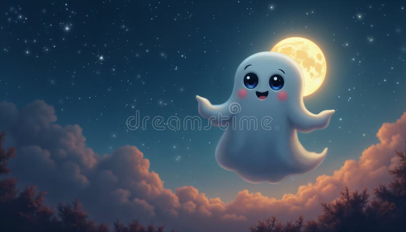 Cute Ghost Flying Over Night Forest, Darkness and Moonlight, Halloween ...