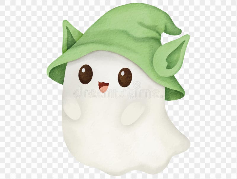 Cute Ghost with Green Witch Hat, Watercolor Halloween Illustration ...