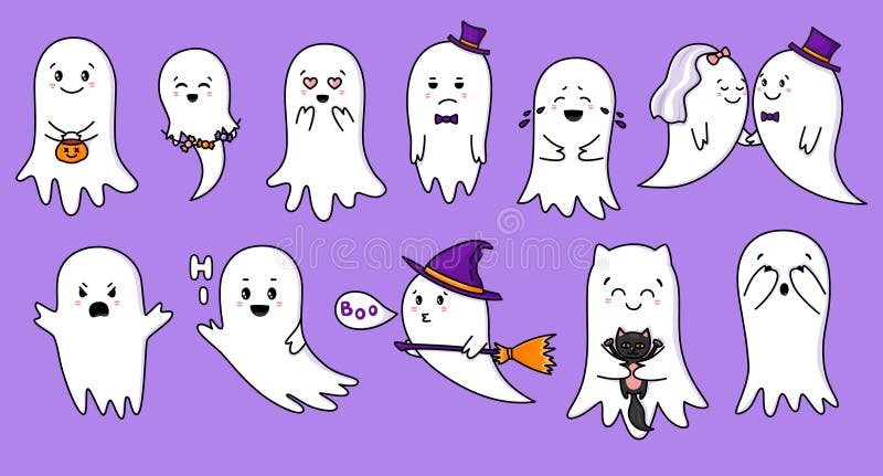 Cute Ghost. Halloween Ghosts Characters with Different Emotions. Spooky ...