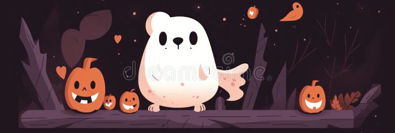 Cute Ghost with Halloween Pumpkin. Horizontal Banner Stock Illustration ...