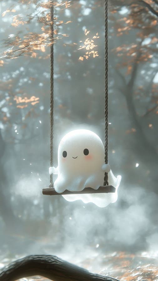 Cute Ghost Having Fun on a Swing in a Spooky Forest Stock Image - Image ...
